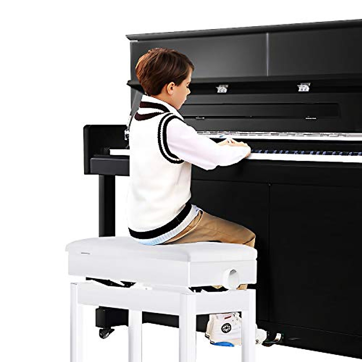 Trisens Adjustable Piano Bench Wooden Piano Stool with Music Storage & Height Adjustable- PU Leather and Solid Wood (White with Music Storage)