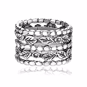 925 Sterling Silver Wide Ring Flowers & Leaves, Oxidized, Vintage Look Stylish Hypoallergenic, Nickel and Lead-free, Artisan Handcrafted Designer Collection Made in Israel (Size 5-11)