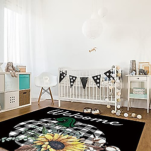 Indoor Area Rugs Thanksgiving Pumpkin Sunflower Non-Slip Floor Mats Plaid Black Rectangular Carpet Soft Washable Rugs for Living Room/Bedroom/Hallway Home Decor - 2x3 Feet