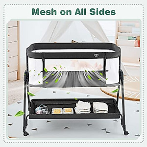 BABY JOY Bassinet Bedside Sleeper, Easy Folding Baby Crib w/All-Side Mesh, Storage Shelf, 7 Adjustable Heights, Mattress & Travel Bag for Safe Co-Sleeping, Portable Baby Bed for Newborn Infant -Black