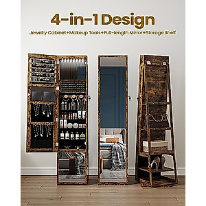 Hzuaneri 16 LEDs Jewelry Cabinet Armoire, 63" H Standing Jewelry Organizer with 360° Rotating Base, Lockable Full-length Mirror, 4-tier Storage Shelves, 4-in-1 design, Rustic Brown JC16003X