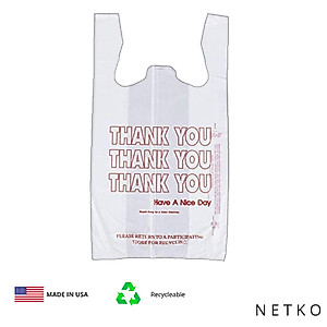 Netko Thank You Shopping Bags - Plastic Grocery Reusable White Bags | T-shirt Bags | Heavy Duty Gift Carrier Market Bags in Bulk 50 Pack