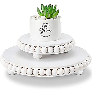 Yookeer 2 Pcs Wooden Risers for Displays Round Wood Riser Distressed Wood Risers Farmhouse Pedestal Display Stand Rustic Pedestal Stand Beaded Decor for Tiered Trays Home(6/ 9.5 Inch,White)