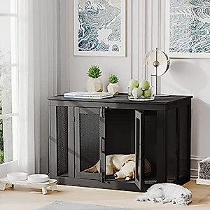 Irontar End Table Dog Crate Furniture for Small to Large Dogs, Wooden Dog Kennel with Cushion, Double-Door Dog House, Black MGW001H