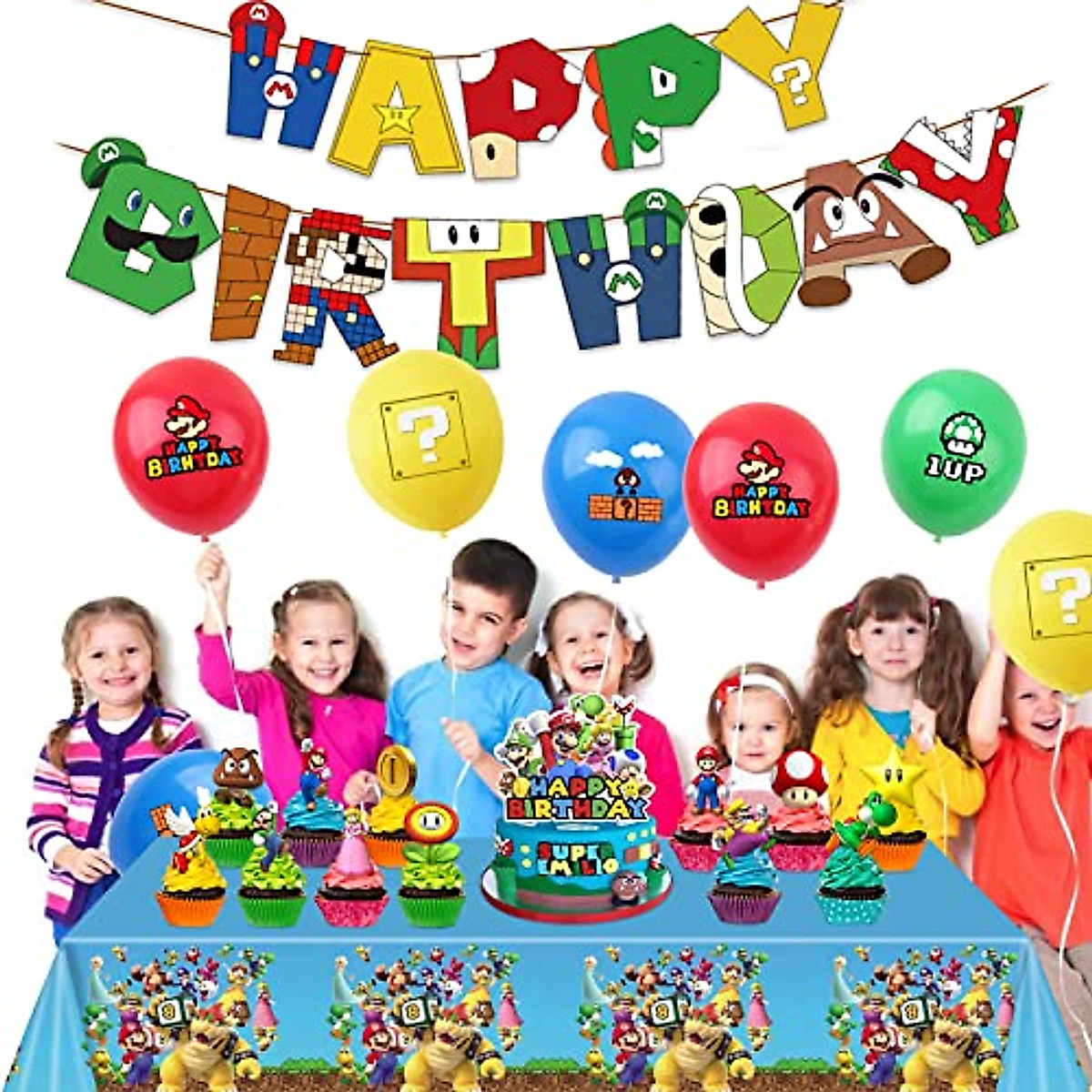 Mario Birthday Party Supplies, Birthday Decorations Set Include Banner Balloons Cake Cupcake Toppers Tablecloth for Boys Girls Video Game Theme Party
