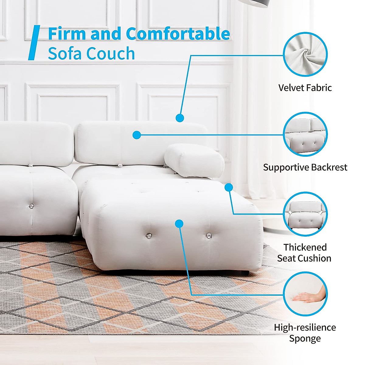 Mjkone Modular Sectional Sofa with Reversible Chaise, Velvet L Shaped Cloud Couch with Reversible Ottoman, 4 Seater Couch Button Tufted Designed Cloud Sofa, DIY Combination Sofa for Living Room,Beige