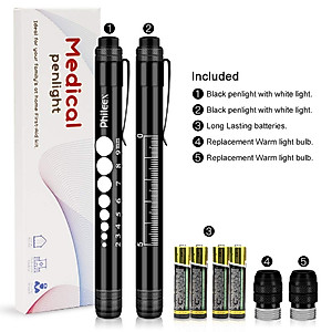 Pen Light, Phileex Medical Pen Light Nurse Pen Lights with Pupil Gauge for Nurses Nursing Students Doctors 2pcs Black with Batteries