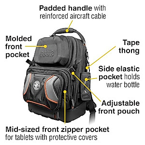 Klein Tools 55485 Tool Bag Backpack, Durable Electrician Backpack with 48 Pockets for Hand Tools, Waterproof Bottom, Removable Tool Carrier