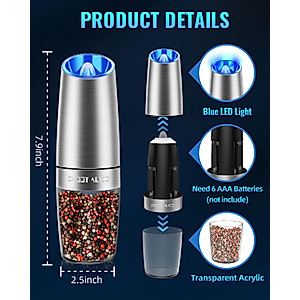 Gravity Electric Pepper and Salt Grinder Set, Salt and Pepper Mill & Adjustable Coarseness, Battery Powered with LED Light, One Hand Automatic Operation, Stainless Steel (Set/Silver)