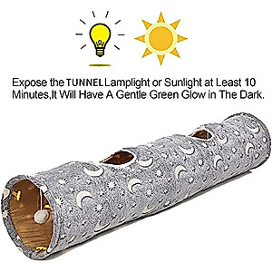 LUCKITTY Cat Tunnel Tube with Plush Ball Toys Collapsible Self-Luminous Photoluminescence, for Small Animals Pets Bunny Rabbits, Kittens, Ferrets,Puppy and Dogs Grey Moon Star