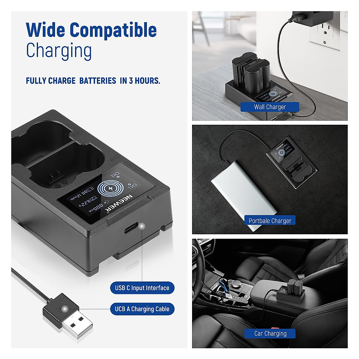 NEEWER NP-W235 Camera Battery Charger Set, Dual Slot USB Charger with LCD, 2 Pack 2400mAh Replacement Batteries Compatible with Fujifilm X-T5 X-T4 GFX 100S X-H2S X-S20 GFX 50S II VG-XT4 Battery Grip