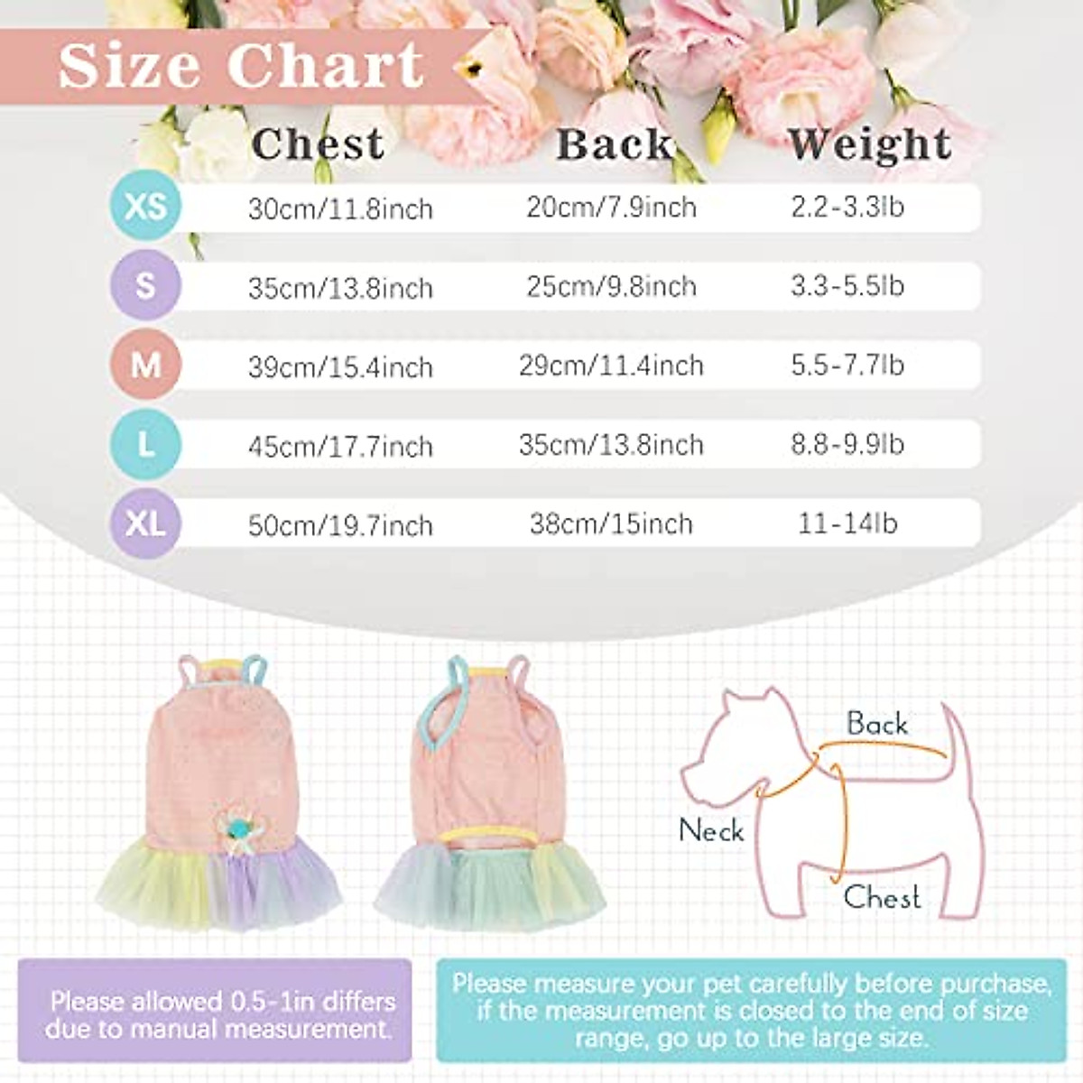 T'CHAQUE Elegant Princess Dog Dress with Colorful Tiered Layer Tutu Tulle, Pet Summer Clothes Dog Apparel for Puppy and Cats, Dog Birthday/Wedding Party Dresses Costume Casual Daily Pets Outfits, S