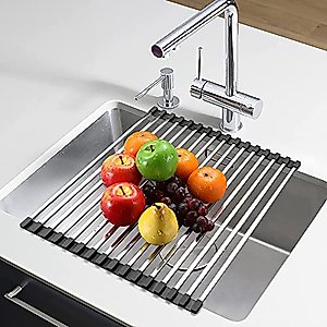 AOUAO Roll Up Dish Drying Rack,Multipurpose Stainless Steel Over The Sink Drainer Rack,Kitchen Portable Dish Rack (Square)