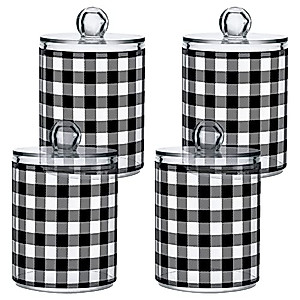 Gredecor Qtip Holder Dispenser 2 Pack Black White Classic Buffalo Plaid Bathroom Decorative Storage Canister Holder Counter Vanity Organizer for Cotton Ball Swabs Pads Floss
