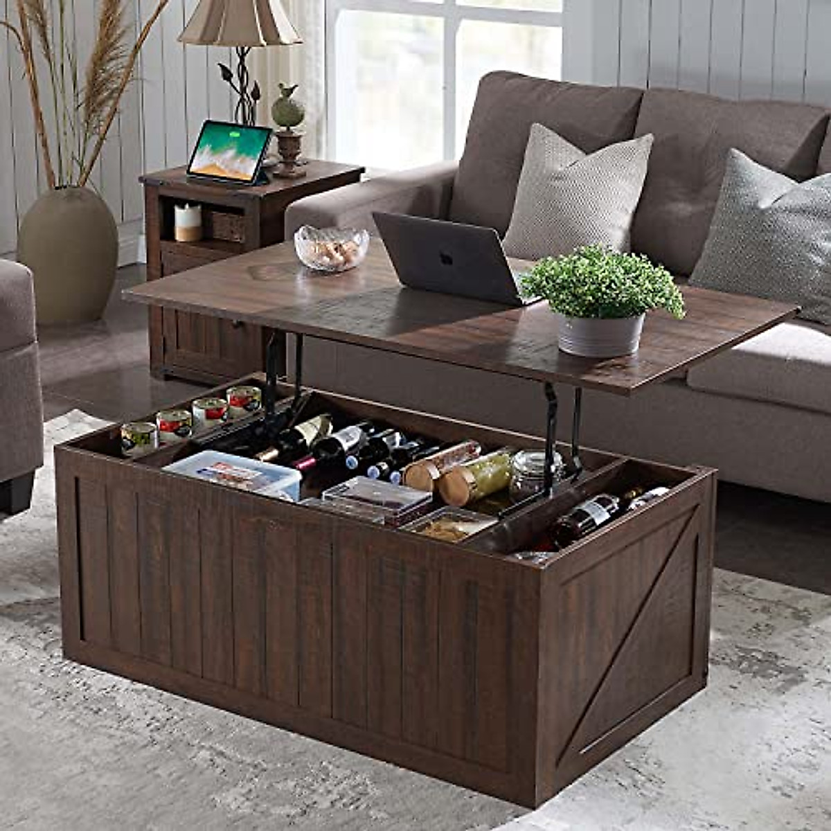 SinCiDo 48” Lift Top Coffee Table with Storage & Sliding Groove Barn Door, Farmhouse Coffee Table Rustic Wood Cocktail Table w/Double Storage Spaces for Living Room, Brown