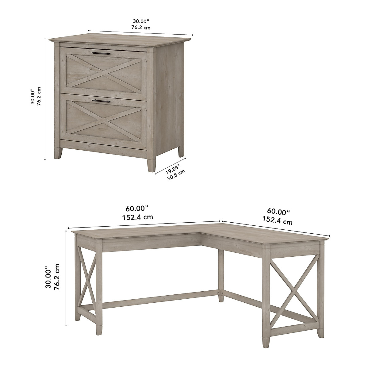 Bush Furniture Key West 60W L Shaped Desk with 2 Drawer Lateral File Cabinet in Washed Gray