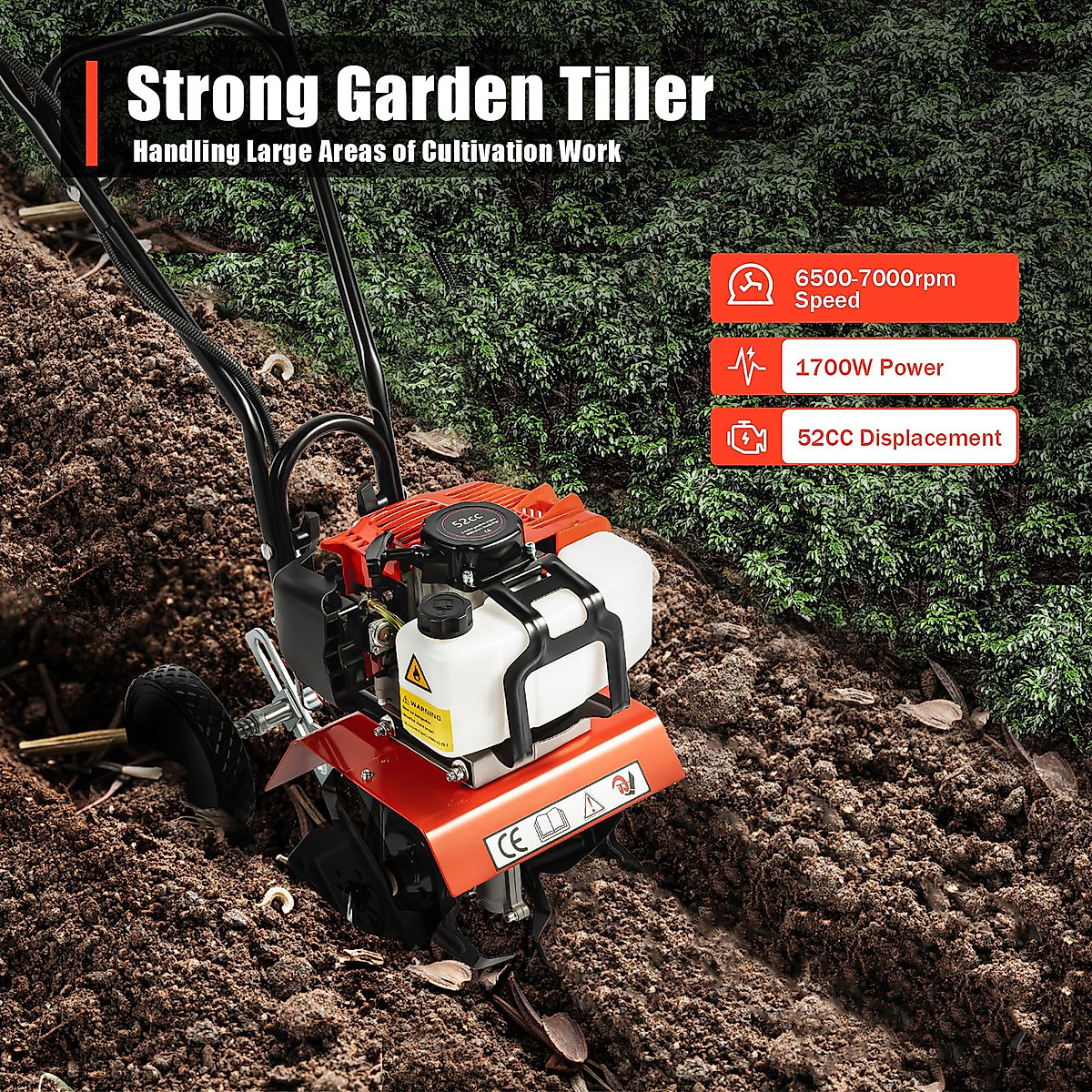 Rototiller Tiller Cultivator, 52CC 2-Stroke Forward Swivel Compact Fork Tiller Gas Motor Cultivator Premium Steel Adjustable Forward Swivel Tine for Garden & Lawn, Digging & Soil Tillage