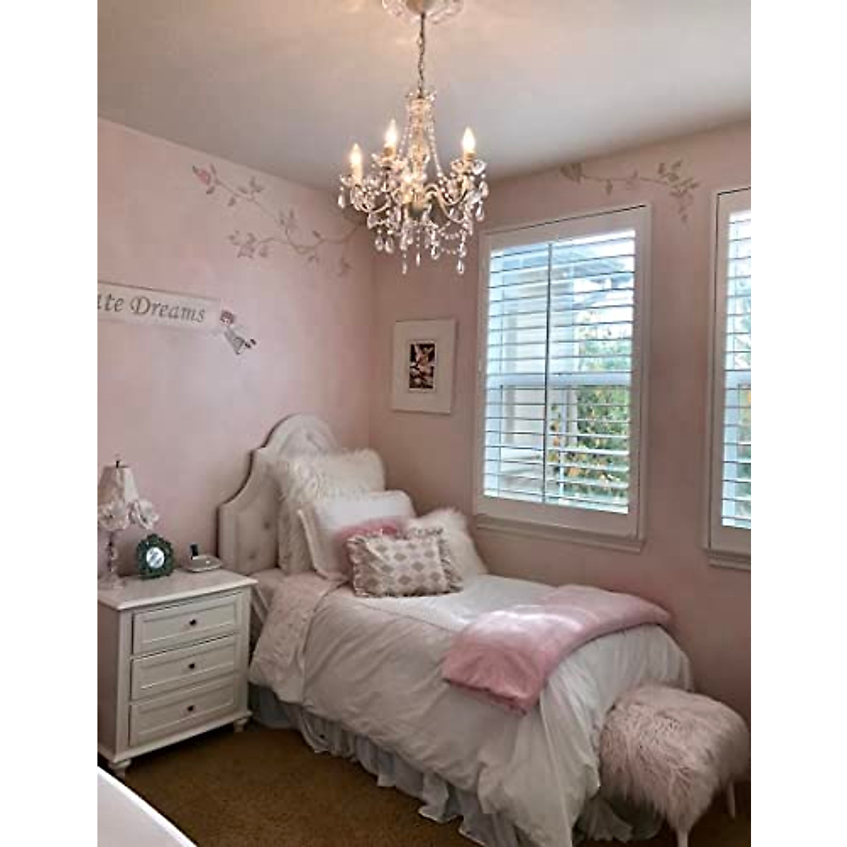 gypsy color The Original 4 Light Crystal White Hardwire Flush Mount Chandelier H17.5”xW15”, White Metal Frame with Clear Glass Stem and Clear Acrylic Crystals & Beads That Sparkle Just Like Glass