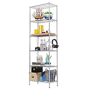 BATHWA 6-Tier Metal Wire Rack, Free Standing Shelving Unit, Adjustable Heavy Duty Storage Shelves for Kitchen Organization, with Leveling Feet and Stainless Side Hooks, Silver