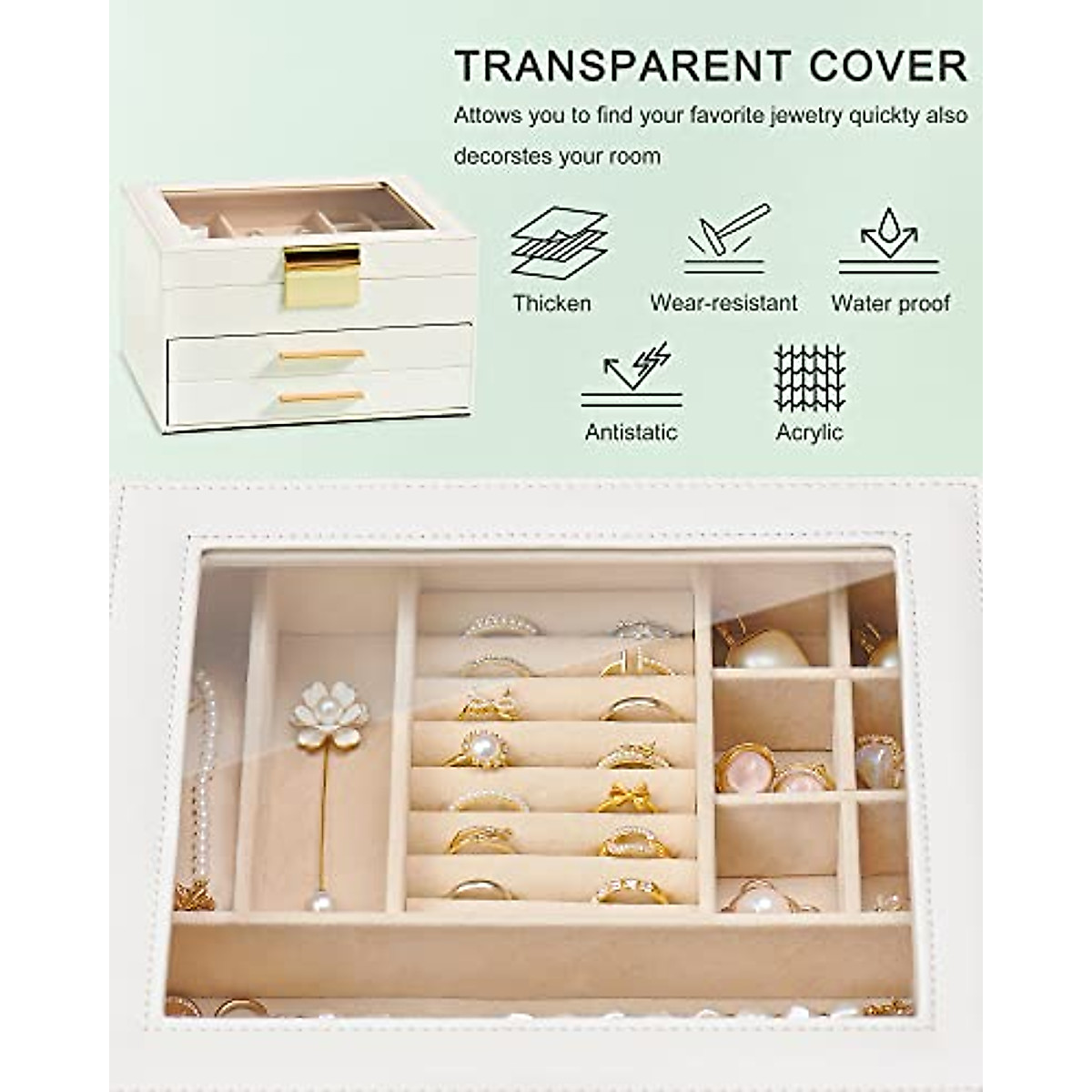 MILONT 3-Layer Jewelry Box for Women - PU Leather Jewelry Organizer with Clear Top - Perfect Jewelry Storage for Rings, Earrings, Necklaces, and Bracelets - Classy Ivory White