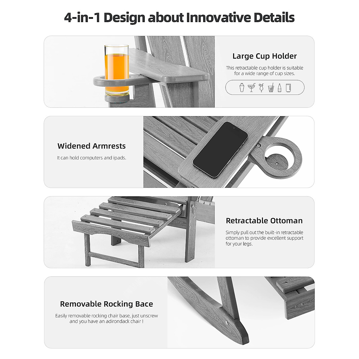 Serique Folding Adirondack Rocking Chair,4-in-1 Multifunctional Patio Chair with Retractable Ottoman, Outdoor Chair Wood Texture, Lawn Chair for Porch, Backyard, Pool(Grey)