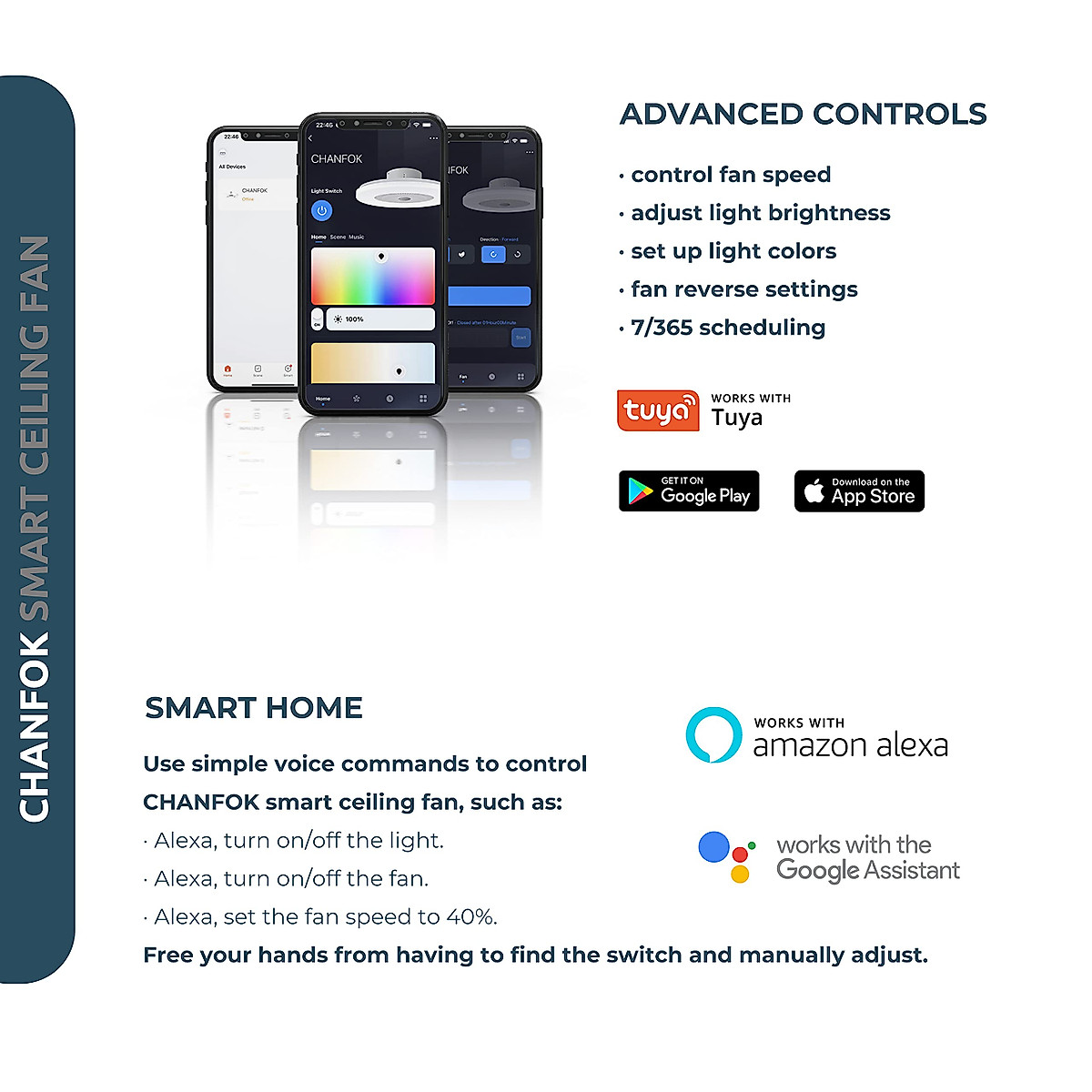 CHANFOK Ceiling Fan With Light Remote Control,Flush Mount Low Profile Ceiling Fan With Light Dimmable 6 Speed - Work with Alexa/Google Home