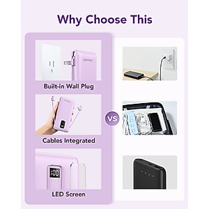 Charmast Portable Charger with Built-in Cables and AC Wall Plug, 10000mAh Ultra Slim Power Bank, External Battery Pack, Travel Accessories Compatible with iPhone 14/13, Samsung Galaxy, etc