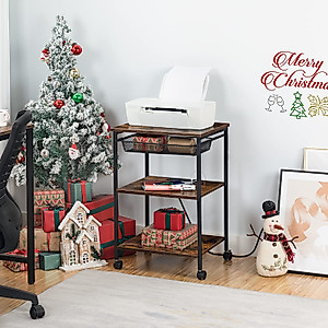 HOOBRO Printer Stand, 3 Tier Printer Cart with power outlet and USB Port, Industrial Printer Table Rolling Cart with Storage Drawer on Wheels, for Home Office, Rustic Brown and Black BF23UPS01
