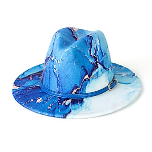 Gossifan Tie-dye Wide Brim Fedora Hats for Women Multicolor Felt Panama Hat Ocean Blue