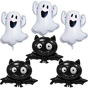 Halloween Party Balloons, 6PCS Large Halloween Ghost Foil Balloons Black Bat Mylar Balloons for Kids Halloween Props Halloween Birthday Party Decorations Supplies