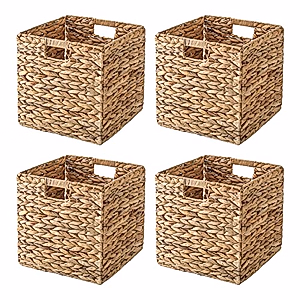 VK Living Foldable Handwoven Water Hyacinth Storage Baskets Wicker Cube Baskets Rectangular Laundry Organizer Totes for Bedroom, Living Room,Nursery Room, Shelves, Pantry 4 Pack 11.8x11.8x11.8inch