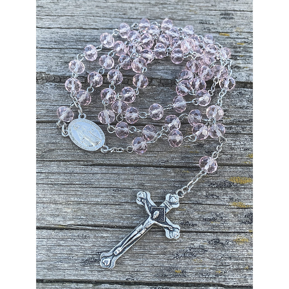 Nazareth Store Pink Pearl Beads Rosary Handmade Prayer Beaded Necklace with Miraculous Medal and Silver Cross