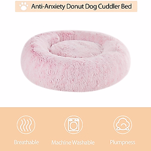 WNPETHOME Calming Dog Bed Cat Bed Donut, Faux Fur Pet Bed Self-Warming Donut Cuddler, Comfortable Round Plush Dog Beds (24 x 24 x 8 Inch, light pink)