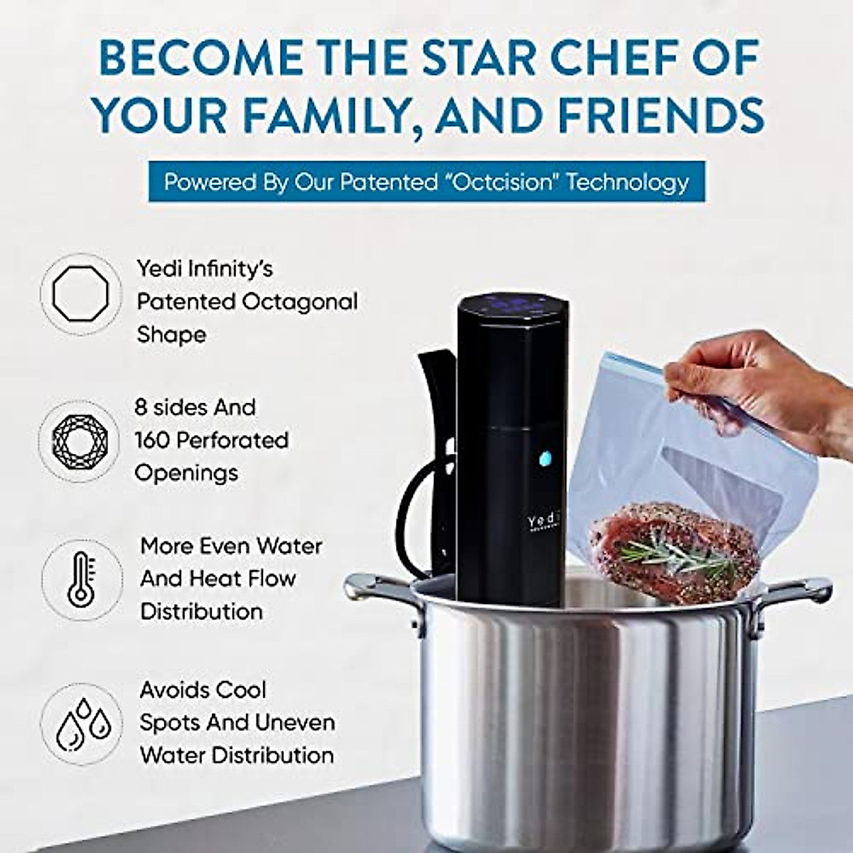Yedi Infinity Sous Vide, Powered by Octcision Technology, Deluxe Accessory Kit, Recipes, 1000 Watts