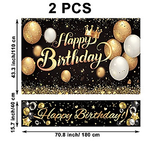 Happy Birthday Backdrop Banner 2 Pieces Large Black and Gold Happy Birthday Sign Birthday Photography Supplies Indoor Outdoor Birthday Party Decorations for Children Men Women Celebration