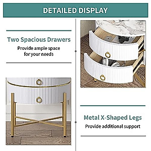 O&K FURNITURE White Round Side Table for Living Room, Marble End Table with 2 Drawers, Modern Nightstand with Metal Legs for Bedroom, White & Gold
