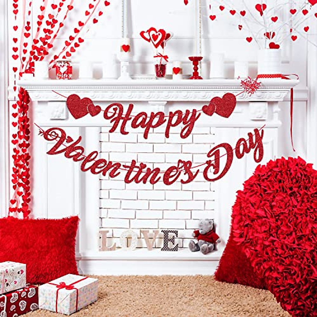 MAGICMAI Valentines Day Decoration - Happy Decor Heart Banner | Valentine Party Decorations Garland for Anniversary Wedding Supplies (Red Glitter)