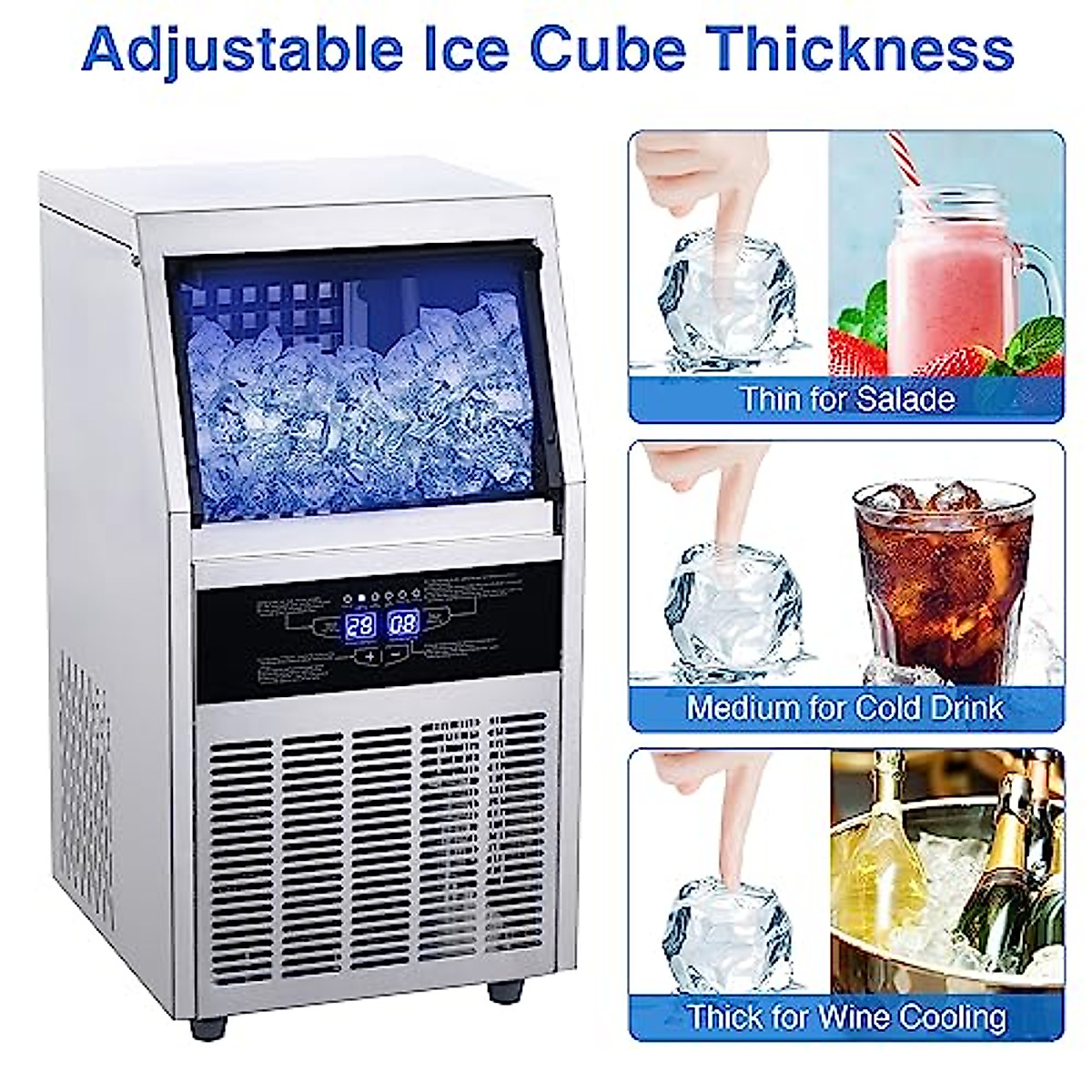 Zomagas Commercial Ice Maker Machine, 80-90LBS/24H Under Counter Ice Maker, Stainless Steel Freestanding Ice Machine with 28LBS Bin, Self-Cleaning, Scoop, Ideal for Home Bar Offices