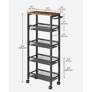 VASAGLE Slim Rolling Cart, 5-Tier Storage Cart, Narrow Cart with Handle, 8.7 Inches Deep, Metal Frame, for Kitchen, Dining Room, Living Room, Home Office, Rustic Brown and Black ULRC035B01
