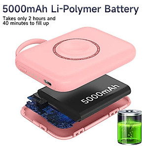 Huoto Small Portable Charger for iPhone,5000mAh Ultra-Compact Charging Power Bank Compatible with iPhone 13/13 Pro Max/12/12 Mini/12 Pro Max/11 Pro/XS Max/XR/X/8/7/6/Plus/Airpods More (Pink)