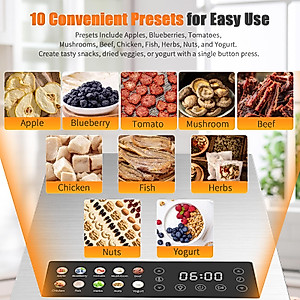 YASHE Food Dehydrator Machine, 10 Stainless Steel Food Dryer, 10 Presets, 48H Timer and Temperature Control, 850W Dehydrators for Food and Jerky, Herbs, Meat, Fruit, Dog Treats, Recipes Book Included