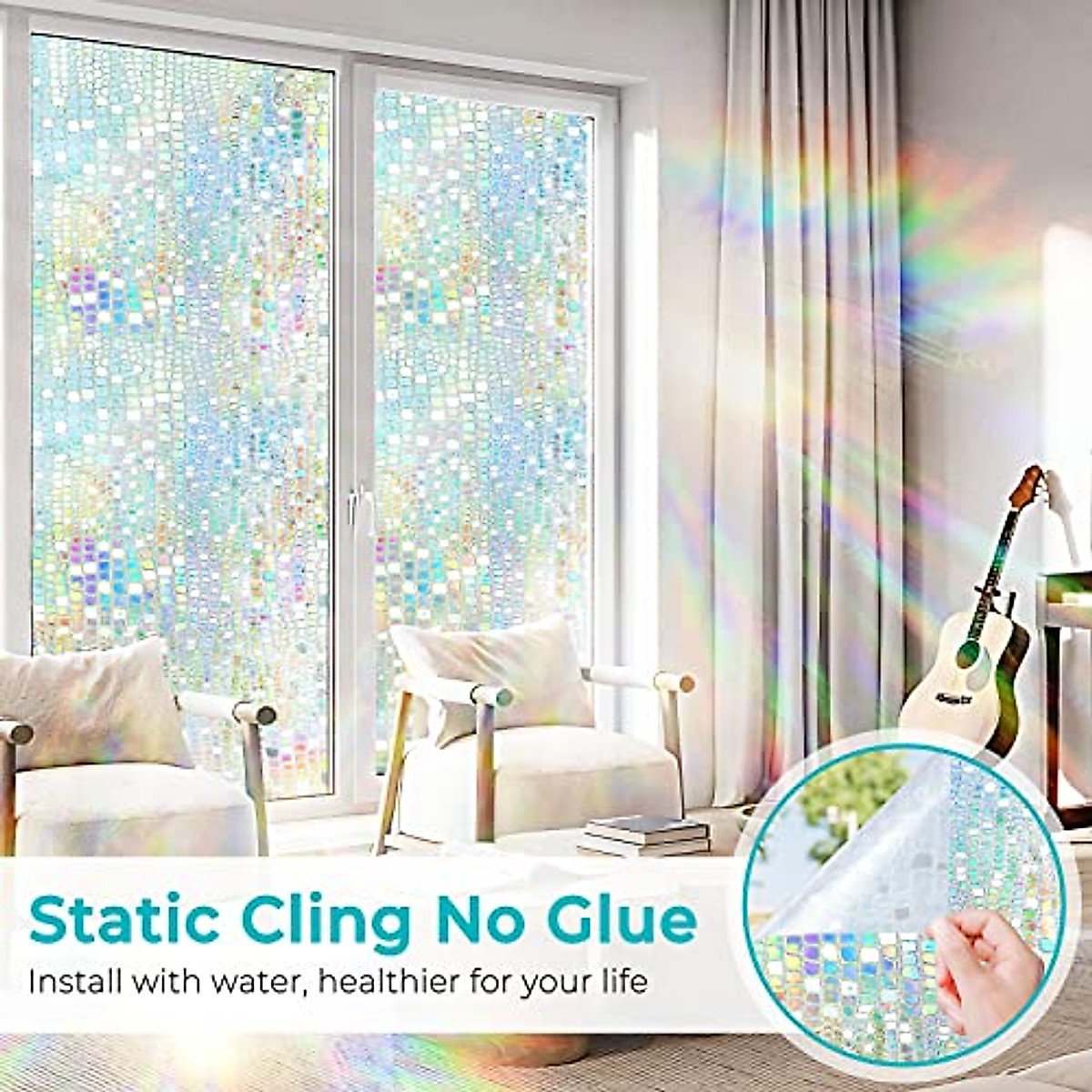 Windimiley Window Privacy Film Stained Glass Rainbow Clings: Window Tinting Film for Home Bathroom UV Blocking 3D Decorative Static Sticker Non Adhesive Vinyl Door Covering (17.5 x 78.7 Inch, Pure)