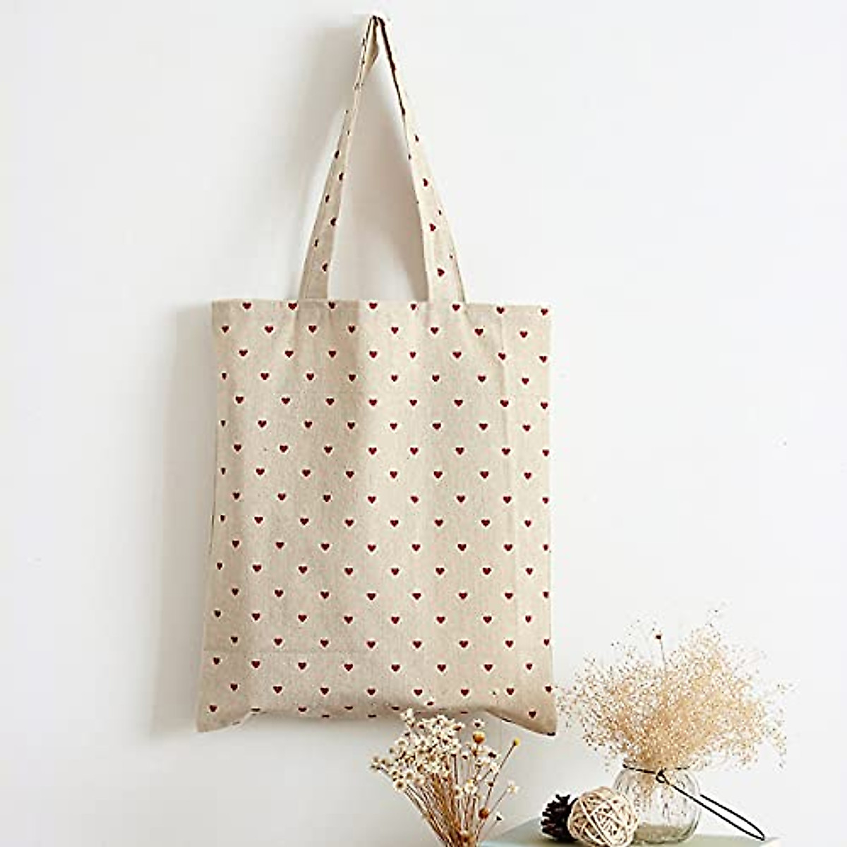 Chezi Red Heart Cotton Canvas Tote Bag Beige