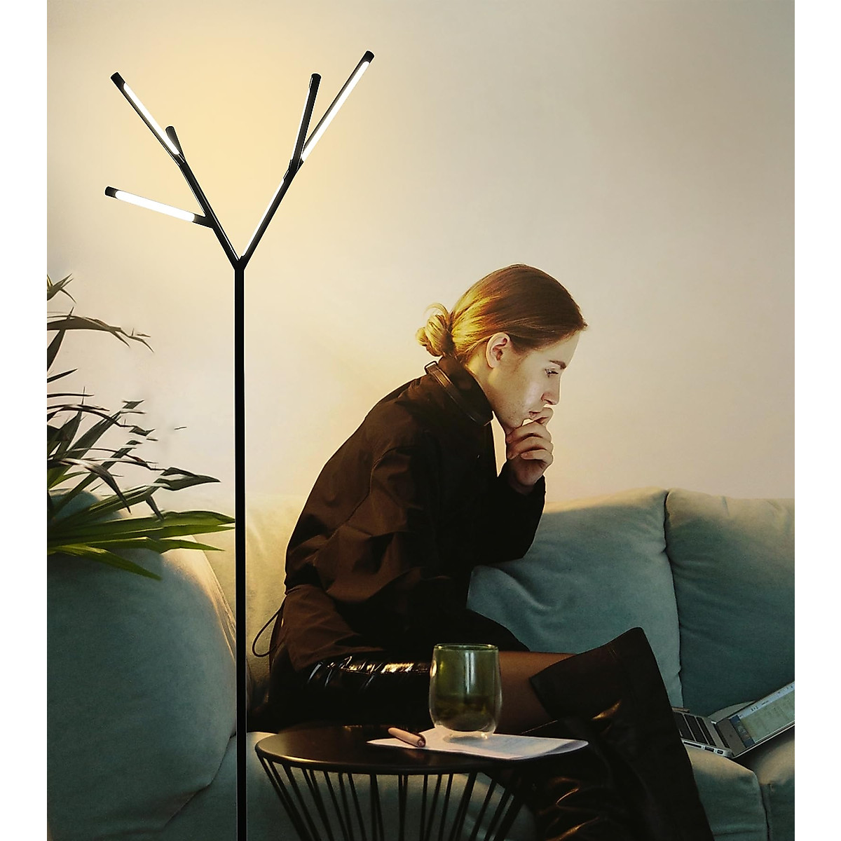 Q&S Led Floor Lamp,Black Modern Industrial Contemporary Corner Floor Lamp Tall Tree Bright Reading Standing Lighting for Bedroom Living Room Office