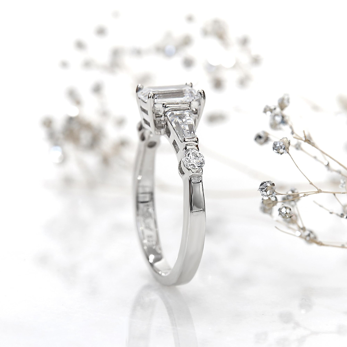 DoubleAccent Platinum Plated Sterling Silver Ring 1 CT Emerald Cut CZ Stone with Baguette Wedding Engagement Ring (Size 5 to 9), 6