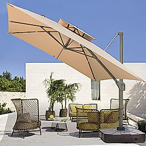 LKINBO 9X9FT Cantilever Umbrella Double Top Outdoor Umbrellas Large Patio Umbrella Windproof Offset Umbrella Heavy Duty Hanging Sun Umbrella With Cross Base for Garden Deck Pool Beach Market, Khaki