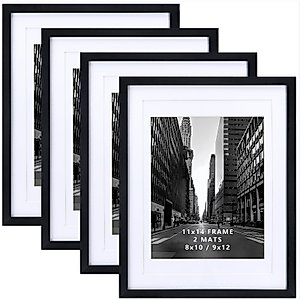 Giftgarden 11x14 Picture Frame Set of 4, Matted to 8x10 or 9x12 Photos with Double Mats, Display 14x11 Poster without Mat, Wall or Tabletop, Black