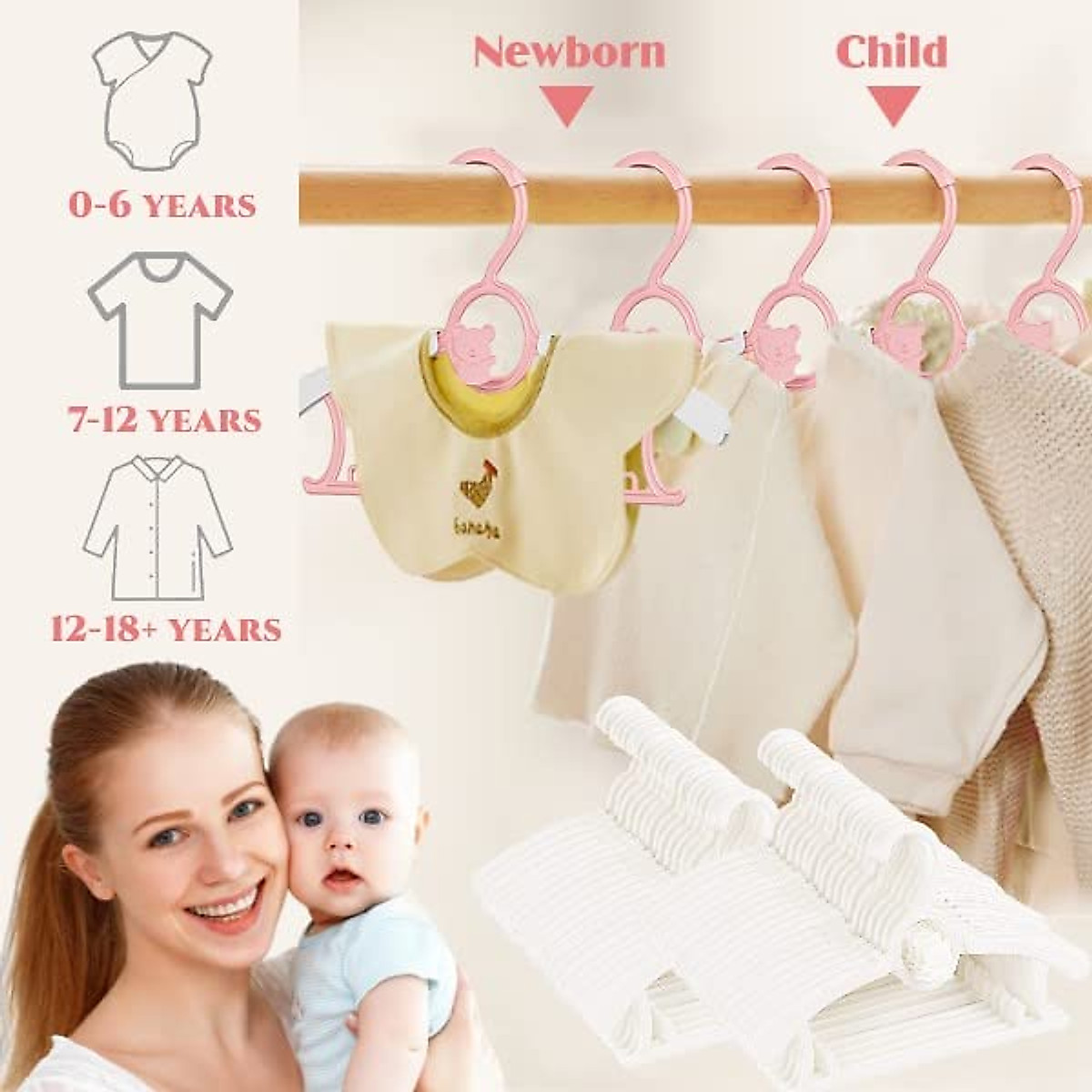 HGYZE Baby Closet Hangers with 42cm Customizable Separators for Nursery Drawer, Extendable Infant Pant Rack for Newborn Clothes -20pcs Pink Gifts & Deep Dividers for Girl Boy Toddler Kids Child