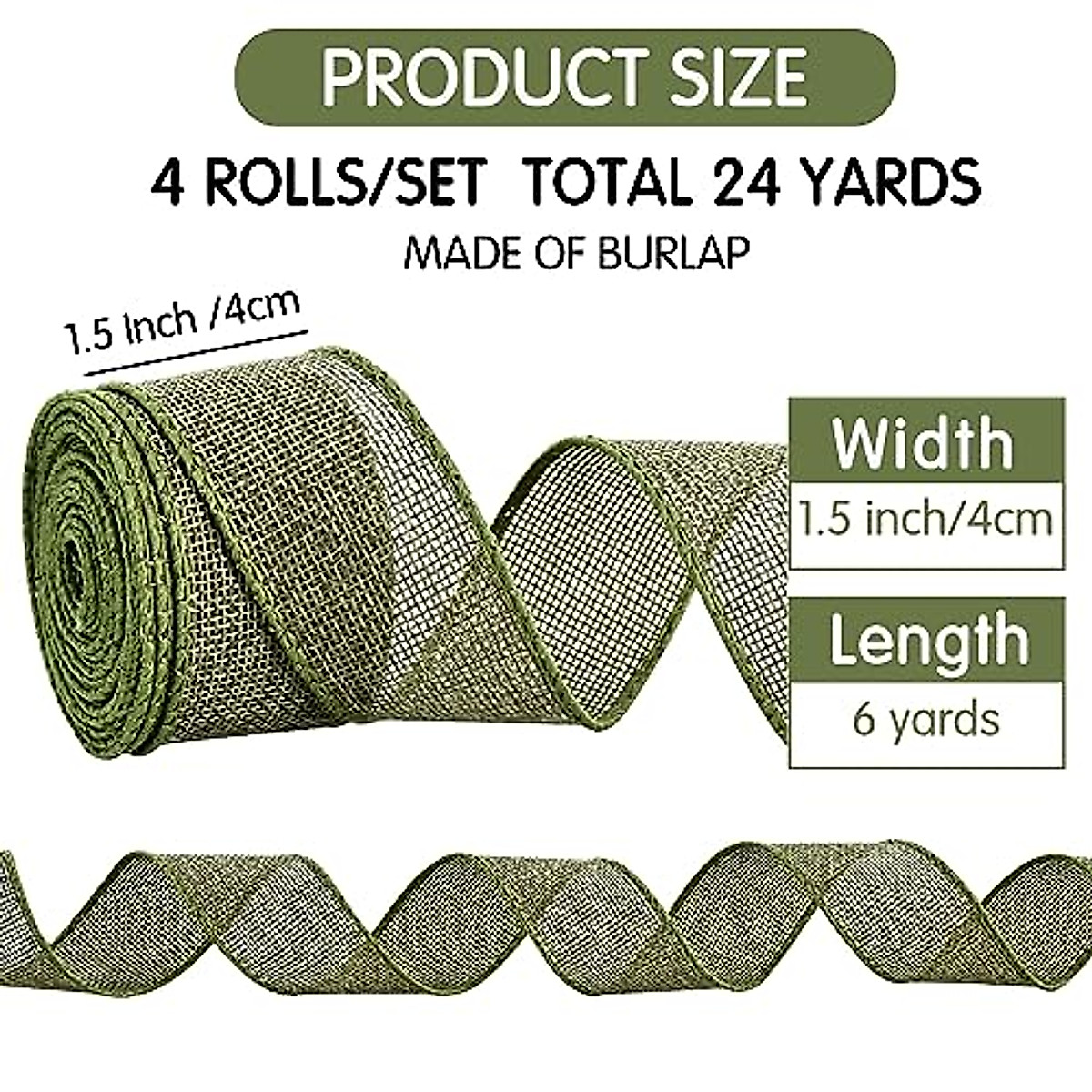 TONIFUL 1.5 Inch 4 Rolls Set Fall Ribbons Orange, Dark Red, Grass Green, Brown Burlap Wired Ribbons, for Thanksgiving Fall Wreath Home Decor Tree Topper Bow Decorations (6 yds/roll)