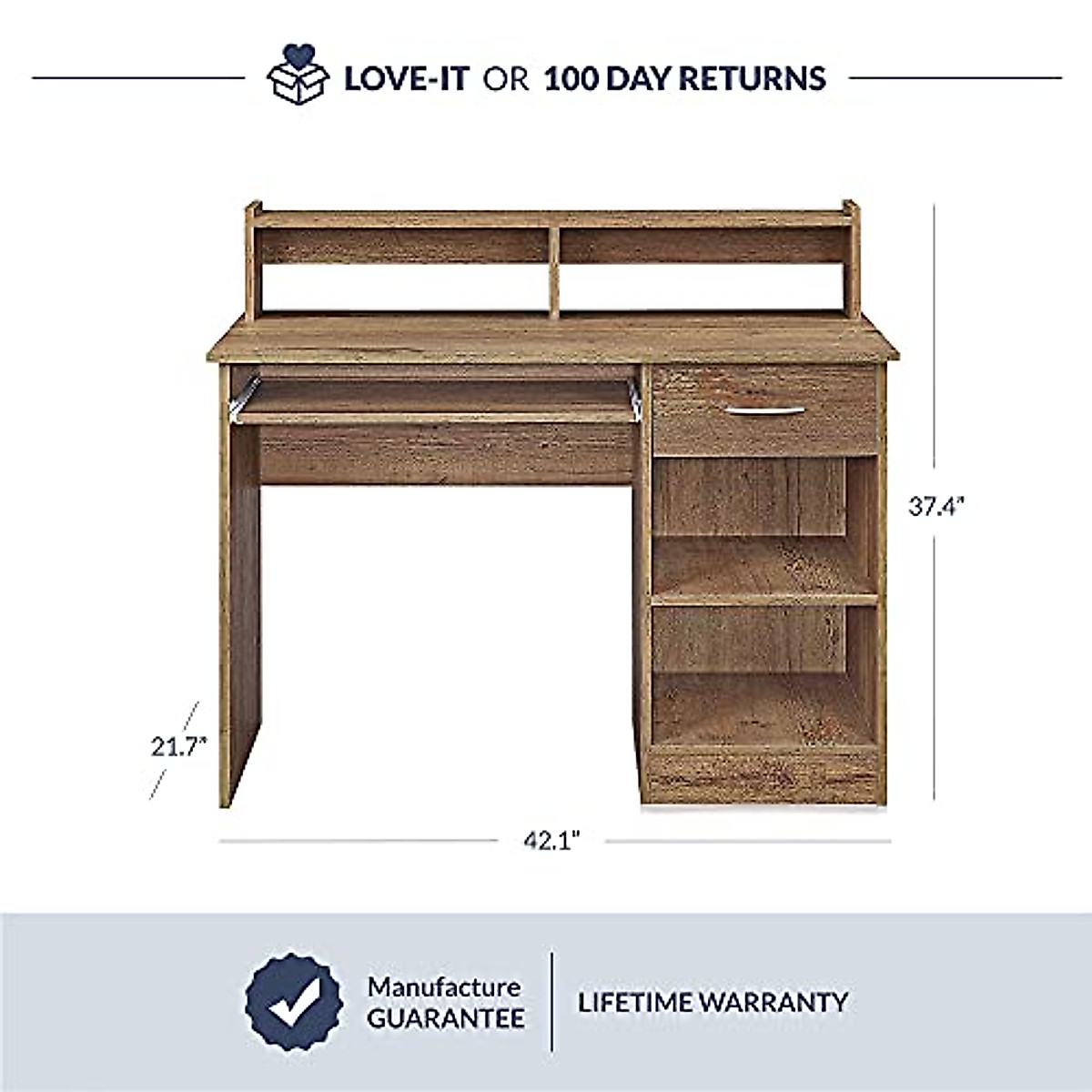 BELLEZE Modern 42 Inch Small Home Office Computer Laptop Desk or Writing Study Workstation in Wood with Single Drawer, Two Open Cubby Storages, and Hutch - Wren (Wood)